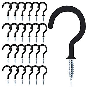 MJIYA 24 PCS Vinyl Coated Ceiling Hooks Question Mark Shape Hook Heavy Duty Screw Cup Hook for Bathroom Kitchen Wall Ceiling Hanging (Black, 1 Inch)