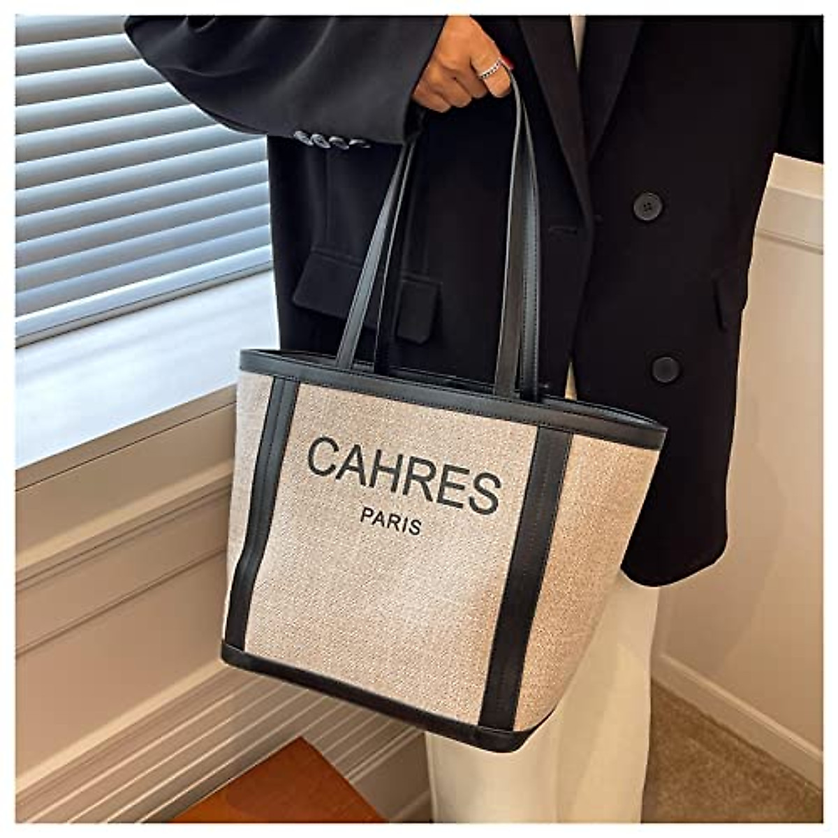 Women's Vertical Open, Durable Water-Resistant Tote Bag, Large capacity fashion woven tote bag(Large khaki)