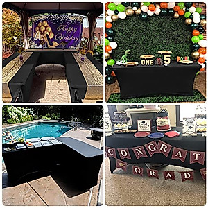 Lykoow 4 Packs 8Ft Stretch Spandex Table Cover for Standard Folding Tables - Universal Rectangular Tight Elastic Fitted Tablecloth Protector for Wedding, Banquet and Party （Black）