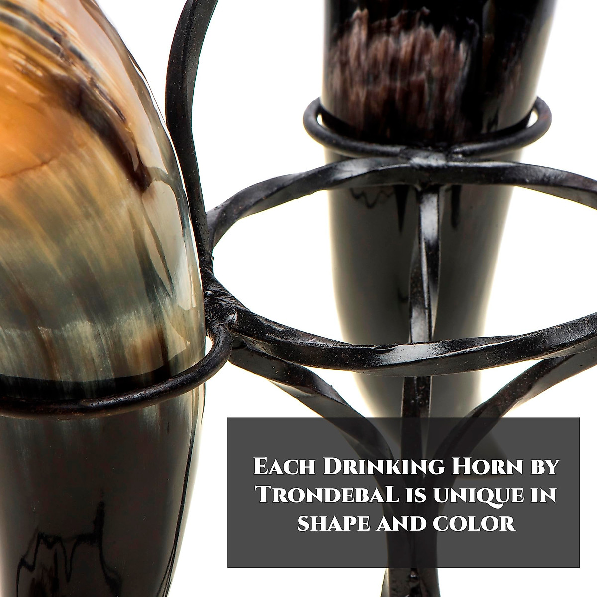 Trondebal Viking Drinking Horn Set of 3 with Stand, 10 Oz Natural Ox Horn | Cool Unique Beer Gift for Men and Women, Home Decor, Medieval Shot Glasses for Ale, Mead, Alcohol, Whiskey