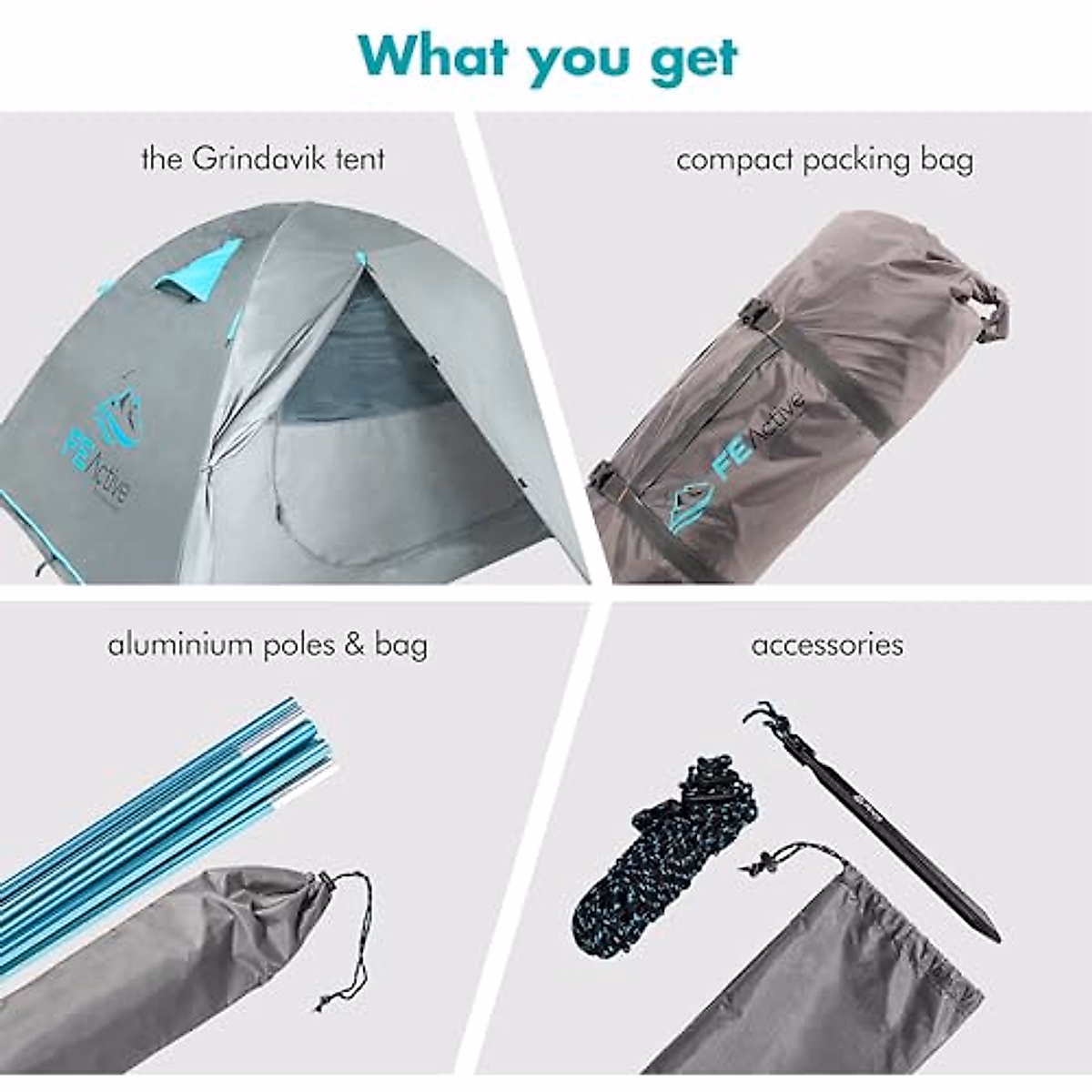 FE Active 4 Person Tent - Four Season 3-4 Man with 3000mm Waterproof Rip-Stop, Full Rainfly, Aluminum Poles Adult Tent for All Year Camping, Backpacking, Hiking, Travel | Designed in California, USA