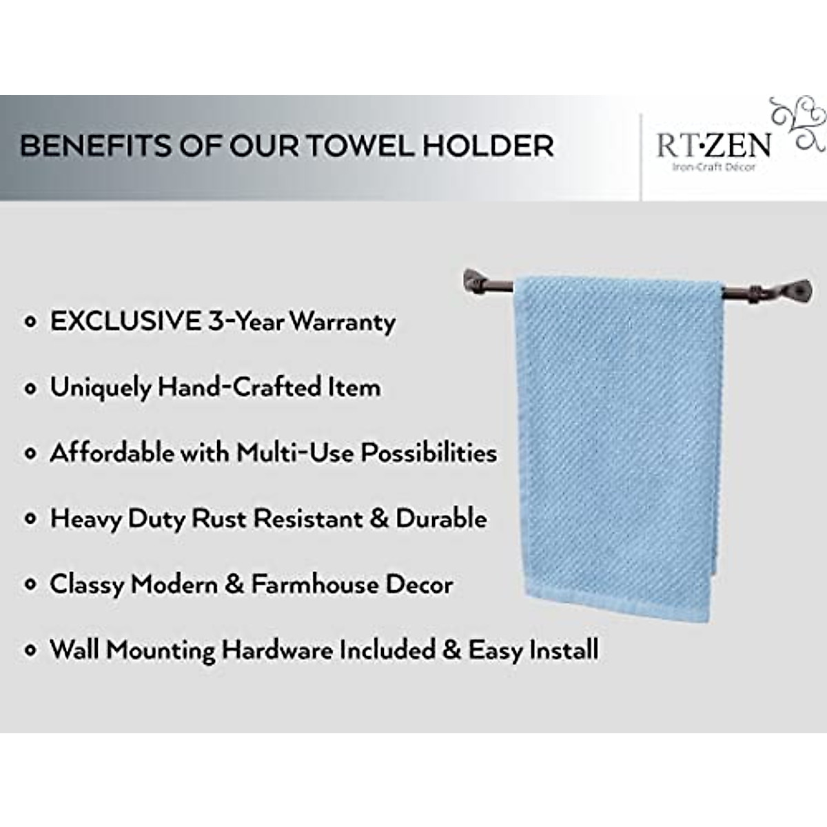 RTZEN Small Elegant Bathroom Hand Towel Holder - Fancy Wrought Iron Kitchen Towel Bar Wall Mount Rod - Matte Black Towel Hanger for Home Kitchen or Office - 13" Rack Fits 10" Hand Towels