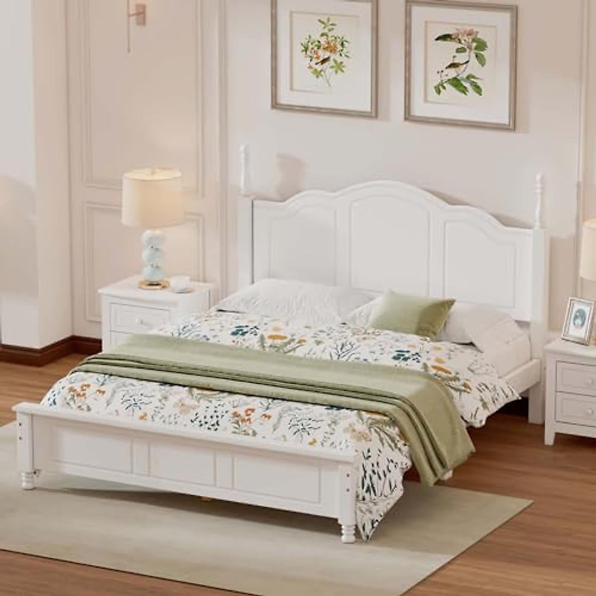 Queen Size Classic Wood Platform Bed Frame with Headboard, Solid Wood Foundation / No Box Spring Needed / Wood Slat Support / Easy Assembly for Family Bedroom Apartment Boys Girls Room (White, Queen)