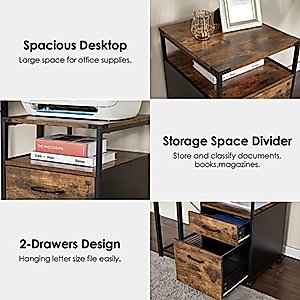 Fameill Rolling Filing Cabinet 2 Drawer File Cabinet Industrial Printer Stand for Home Office Small Under Desk Cabinet with Open Shelf,Storage Cabinet for A4, Letter Size, Rustic Brown