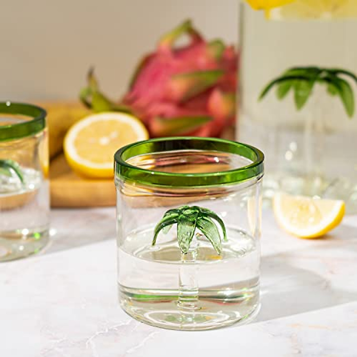 Palm Tree Pitcher & 4 Glasses Set Decanter with 4 Glasses 9oz by The Wine Savant - Elegant Glass Set, Great for Water Iced Tea, Sangria, Lemonade, and More! 1300ml 9" H