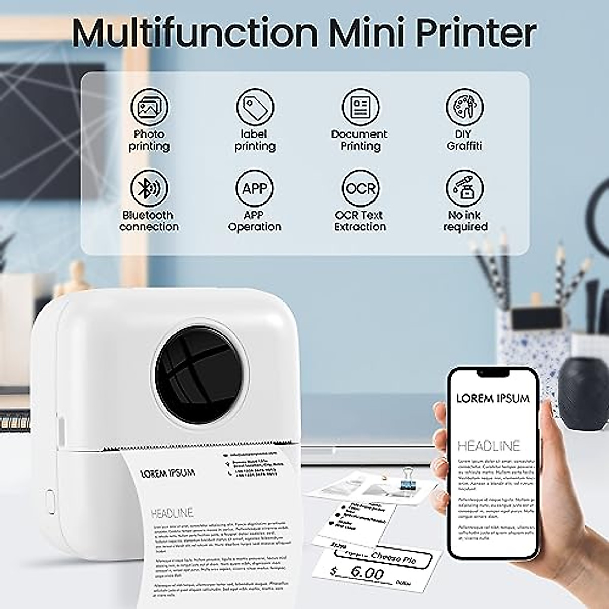 ZERNBER X5 Mini Printer Sticker Printer, Portable Inkless Black and White Thermal Bluetooth Sticker Printer for Pictures, Notes, Kids DIY Gifts (Free 10 Rolls of Printing Paper) White…