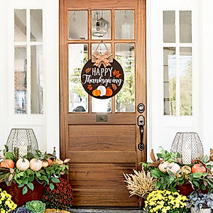 Happy Thanksgiving Wooden Front Door Sign Fall Holiday Rustic Natural Wood Round Door Hanger with Orange Buffalo Plaid Bow Wall Art with Pumpkins Autumn Leaves Decoration Ideas 12 Inches