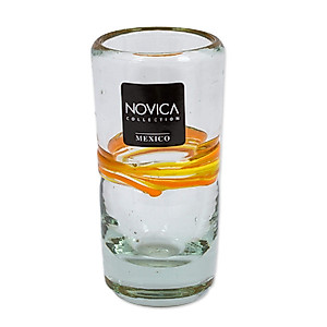 NOVICA Artisan Crafted Yellow Spiral Clear Recycled Tequila Shot Glasses, 2 Oz. 'Ribbon Of Sunshine' (Set Of 6)