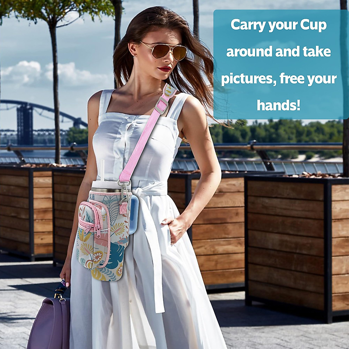 Water Bottle Carrier with Phone Pocket for Stanley Quencher 40oz Tumbler with Handle, Neoprene Water Bottle Pouch Holder with Adjustable Shoulder Strap,Stanley Cup Acces(Pouch Holder, Grey Maple)