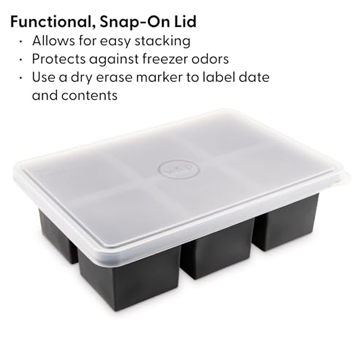 W&P Cup Cubes Silicone Freezer Tray with Lid, Charcoal, Makes 6 Perfect 1-Cup Portions, Freeze & Store Soup, Broth, Sauce, Leftovers, Dishwasher Safe
