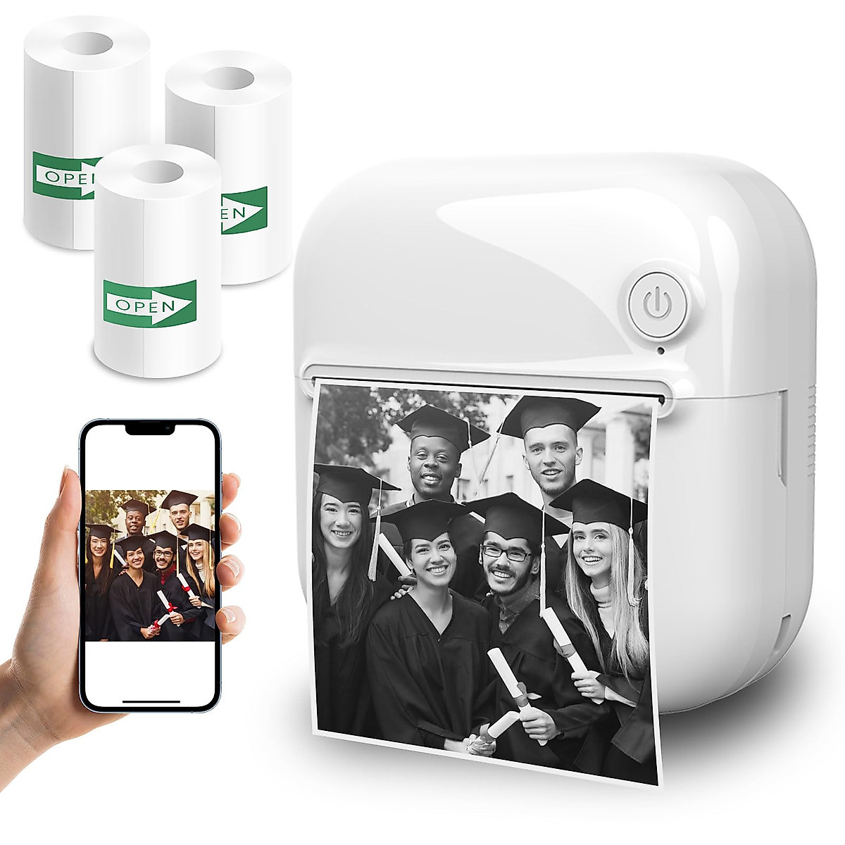 Sticker Printer, Mini Printer,Inkless Sticker Printer,Mini Sticker Printer,Compatible With IOS + Android for Learning Assistance, 3 Pcs sticker rolls, Study Notes, Memo, Fun, Work, Journal (White)