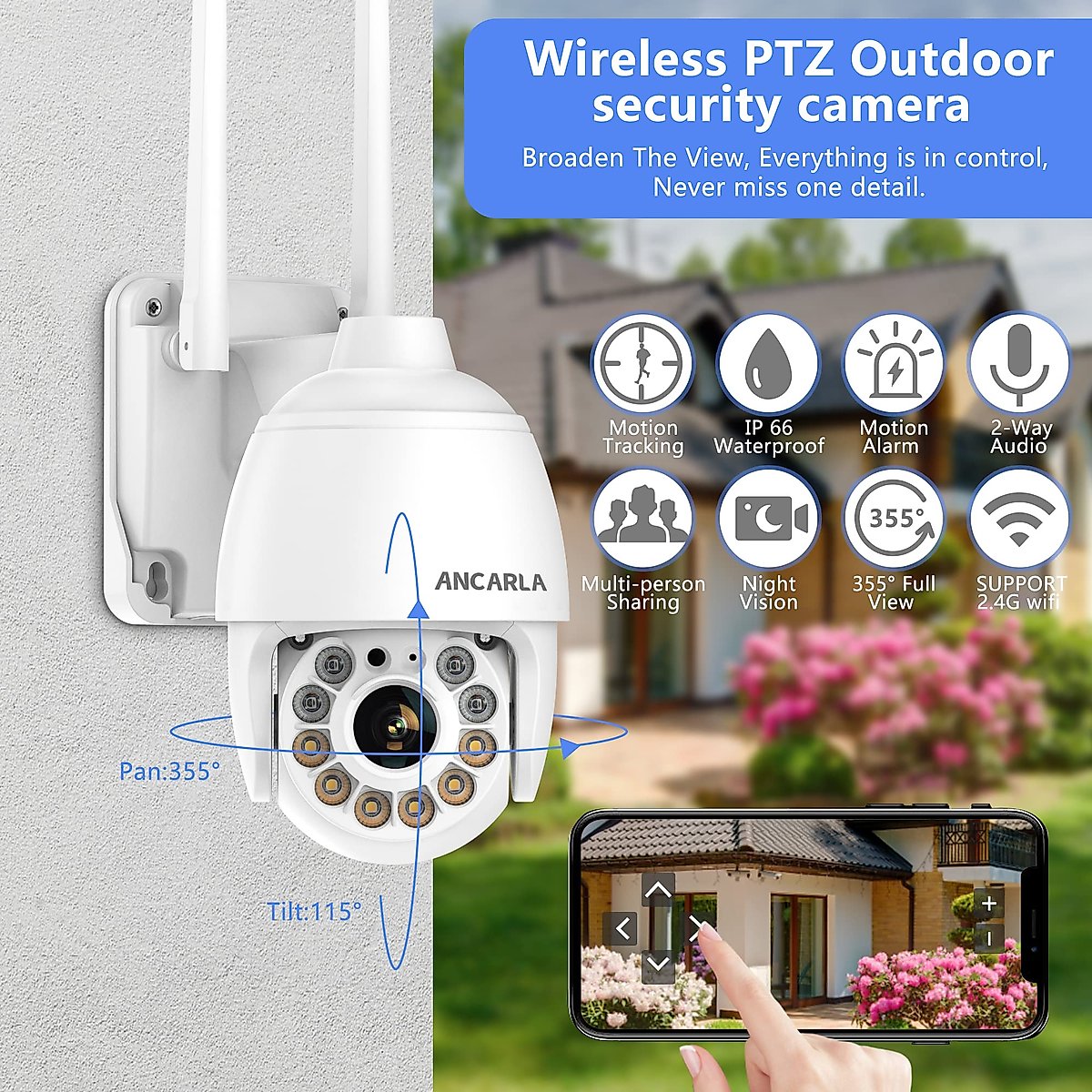 Security Camera WIFI Wireless 360° View Smart Home Surveillance Cameras with Motion Detect,Color Night Vision,Two Way Talk,Human body Auto Tracking,The Camera need to connect to the DC12V power supply
