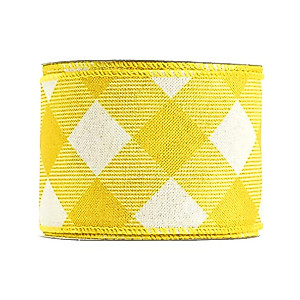 MEEDEE Yellow White Checkered Ribbon Christmas Wired Ribbon Yellow Burlap Ribbon 2.5 inch x 10 Yards for Christmas Tree Decoration Crafts Bows Making Wreath Wrapping Home Decor
