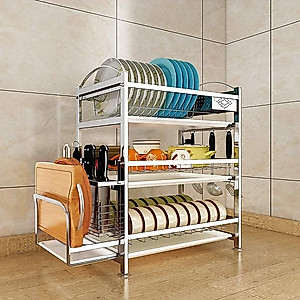 Plate Rack Dish Drainer Rack Stainless Steel with Knife Utensil Basket Removable Tray Large Space to Hold Dishes Bowls and Spoons Pan Plate Holder (Color : Silver, Size : 40.5x29x62cm)