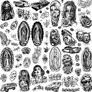 TASROI 6 Sheets Large Chicano Temporary Tattoos For Men Women Adult, Chicana Guadalupe Gangster Fake Tattoos Prisoner Day of the Dead, Halloween Mexico Tattoo Stickers, Tatuajes Temporales Autocolante
