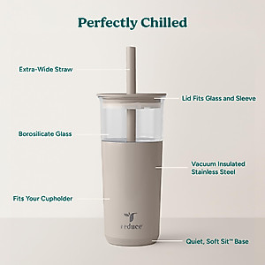 REDUCE Aspen 20 oz Vacuum Insulated Glass Tumbler with Lid & Extra Wide Straw - Keeps Drinks Cold for 12 Hrs - Ideal for Iced Coffee, Smoothies & Boba - Dishwasher Safe, Soft Base - Sand