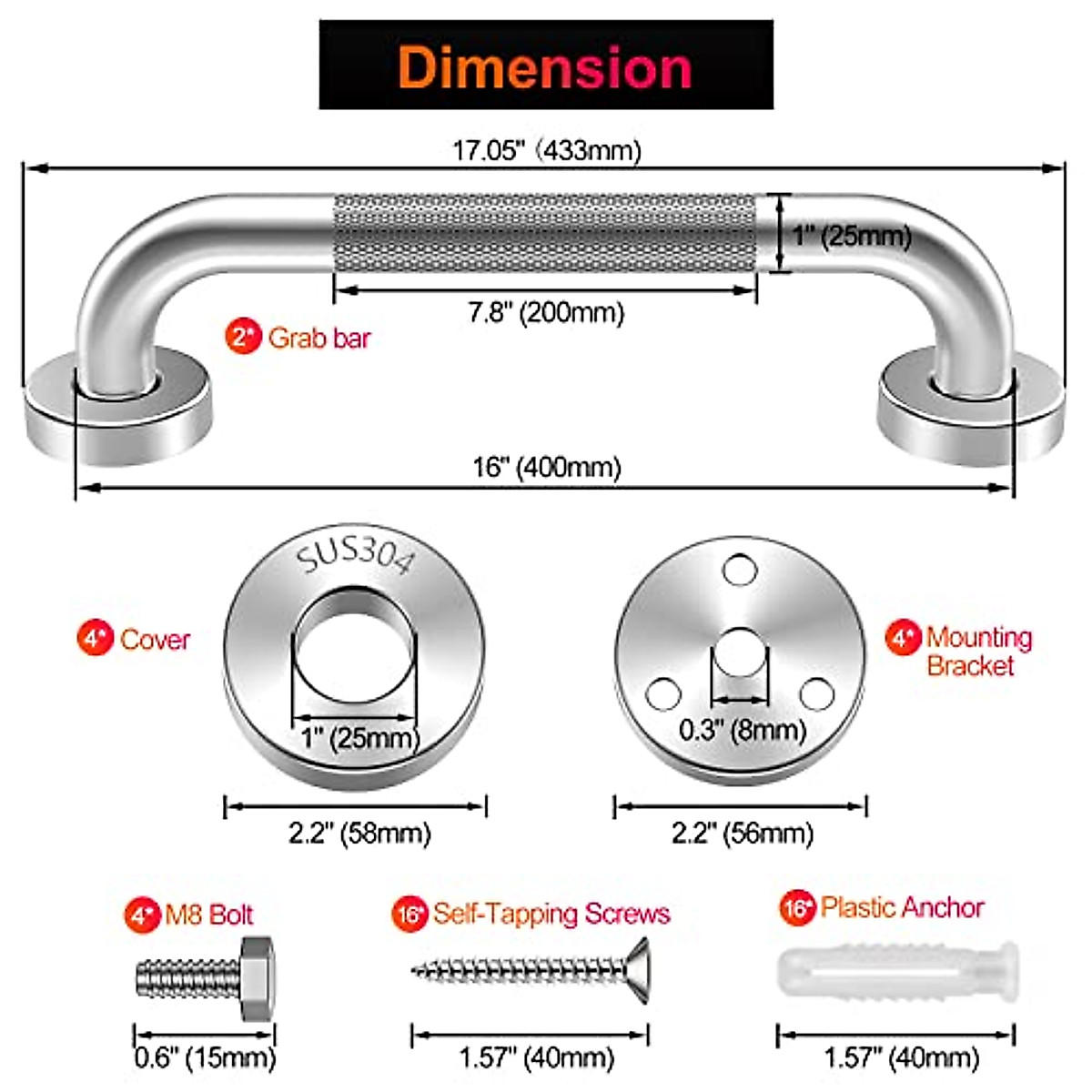 2 Pack 16 inch Anti-Slip Shower Grab Bars,SUS304 Stainless Steel Grab Rails for Bathrooms,Knurled Shower Safety Hand Rail,Bathroom Grab Bar,Handicap Bar Elderly Pregnant Injury Assist Bath Handle