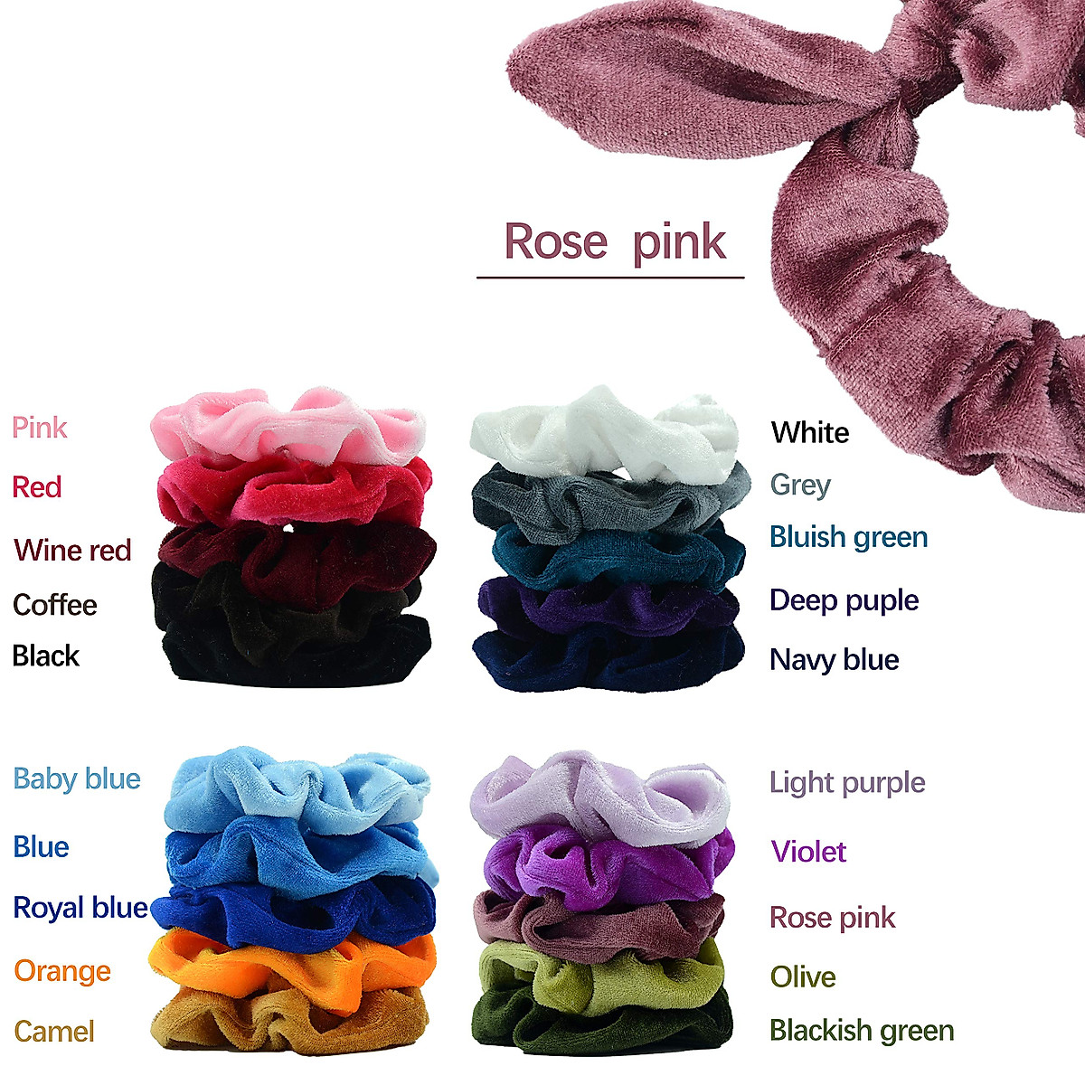 Simnice 25 Pack Hair Scrunchies Rabbit Bunny Ear Bow Bowknot Scrunchies Velvet Scrunchy Bobbles Elastic Hair Ties Bands Ponytail Holder