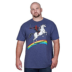 Marvel Men's Deadpool Riding A Unicorn On A Rainbow T-Shirt, Navy Heather, 3X-Large