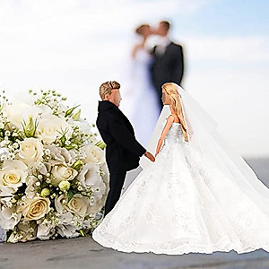 BARWA Wedding Set White Wedding Dress with Veil and Formal Suit Outfit for Boy & Girl Dolls