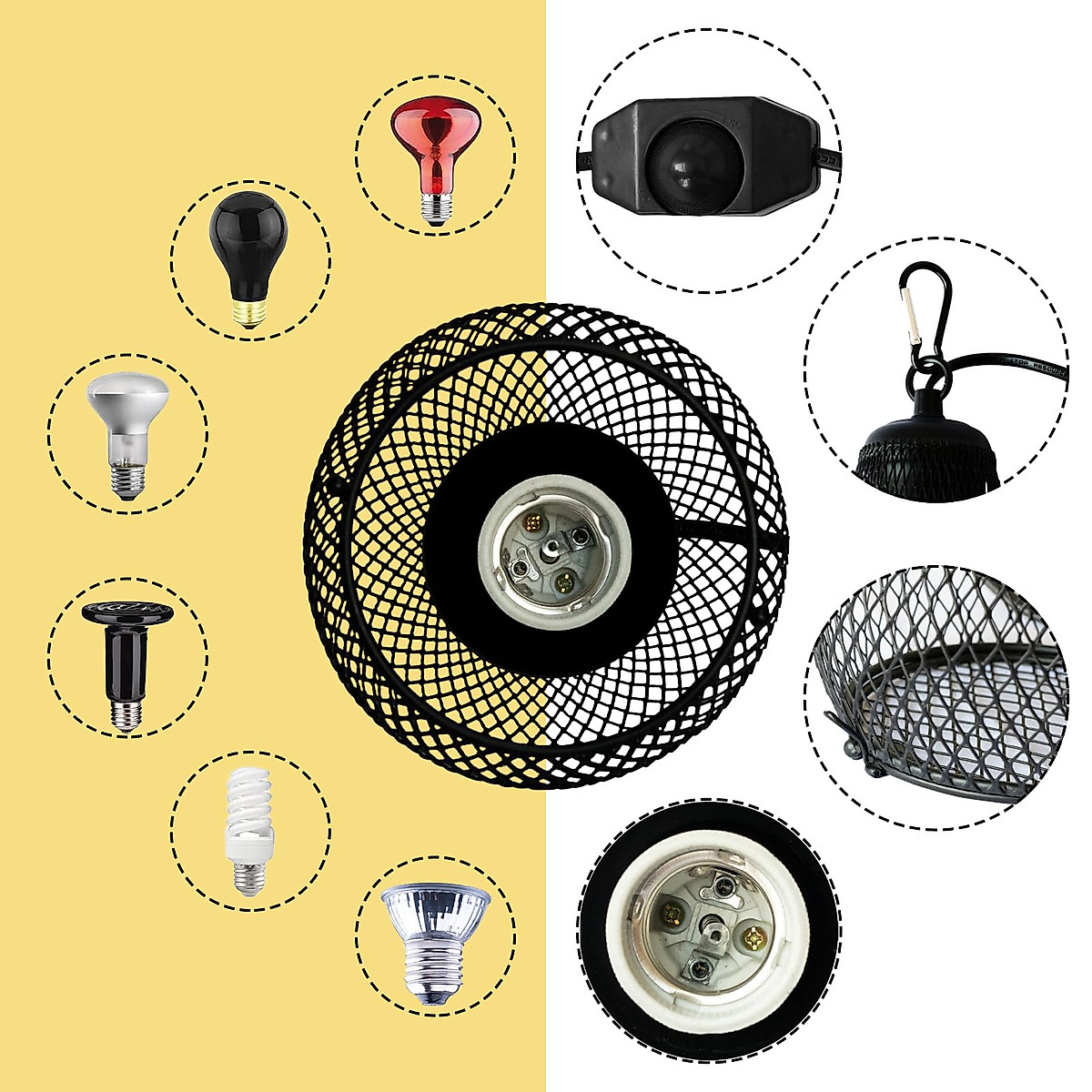 Reptile Heat Lamp,UVA UVB Reptile Light Anti-Scald Heater Guard Turtle Basking Heater Lamp with Guard for Lizard,Snake, Parakeets Parrots Chameleon, Amphibian Bird Supplies(2 Bulbs 25W+50W)