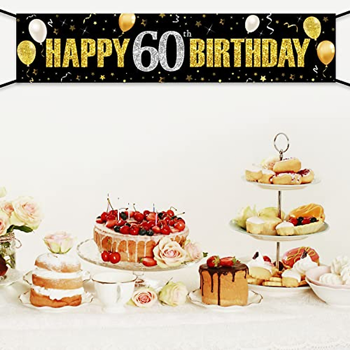 60th Birthday Banner Decorations for Men Women, Black Gold Happy 60 Birthday Yard Banner Sign Party Supplies, Sixty Year Old Birthday Party Decor for Indoor Outdoor