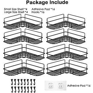 Benzoyl Adhesive Corner Shower Caddy Shelf, No Drilling Rustproof Bathroom Basket with Movable Hooks, Shower Shelf Wall Mounted Organizer for Bathroom, Toilet, Kitchen, Dorm, 8 Pack, Black