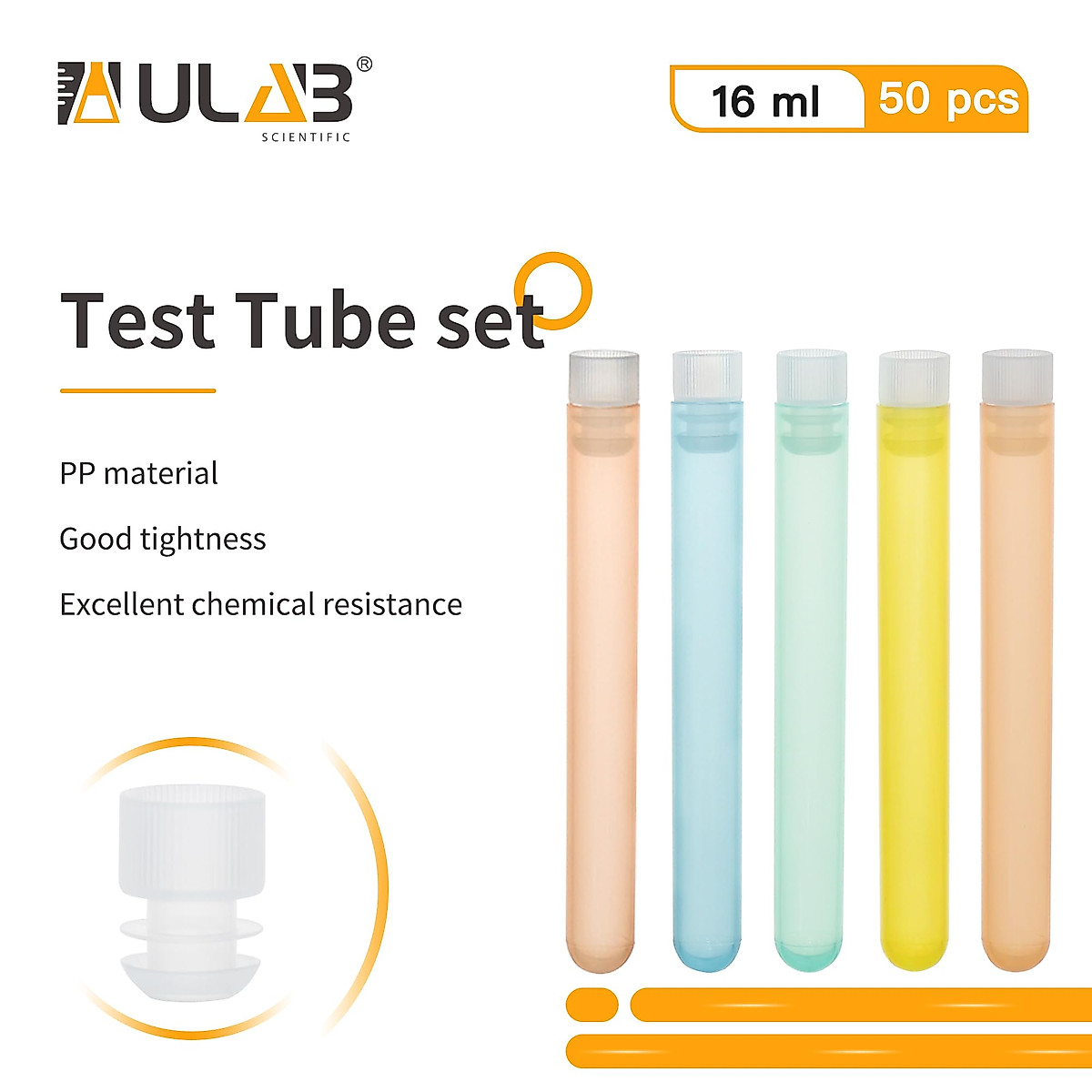 ULAB 50pcs Plastic Test Tubes with Caps, Dia16x125mm PartyTubes Shot Glasses, Multiple Colored Tubes with Transparent Lid, UTT1021