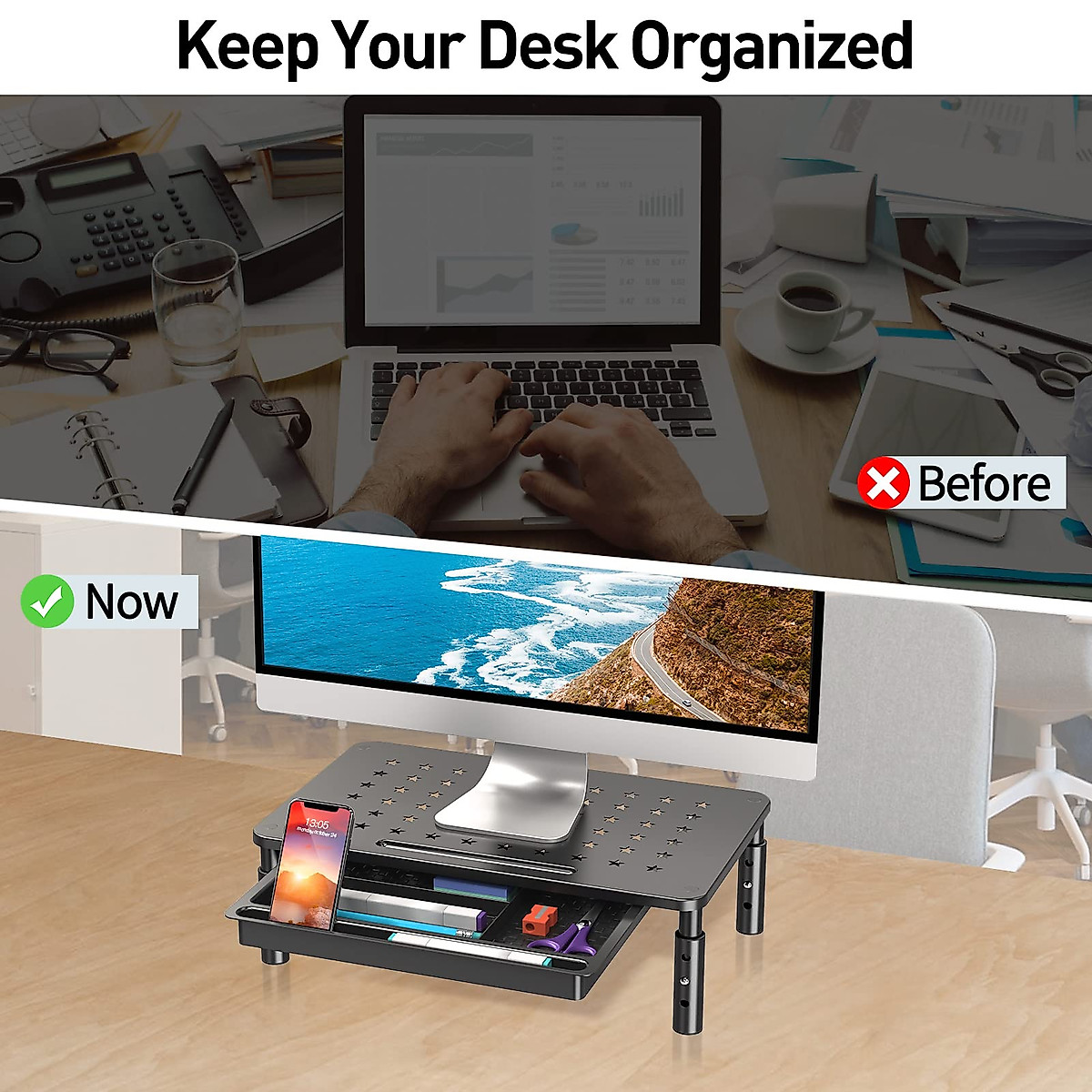 ELIVED 2 Pack Monitor Stand Riser with Drawer, 3 Height Adjustable Monitor Stand with Storage, Desktop Monitor Riser for Computer, Laptop, Notebook, Printer(Black).