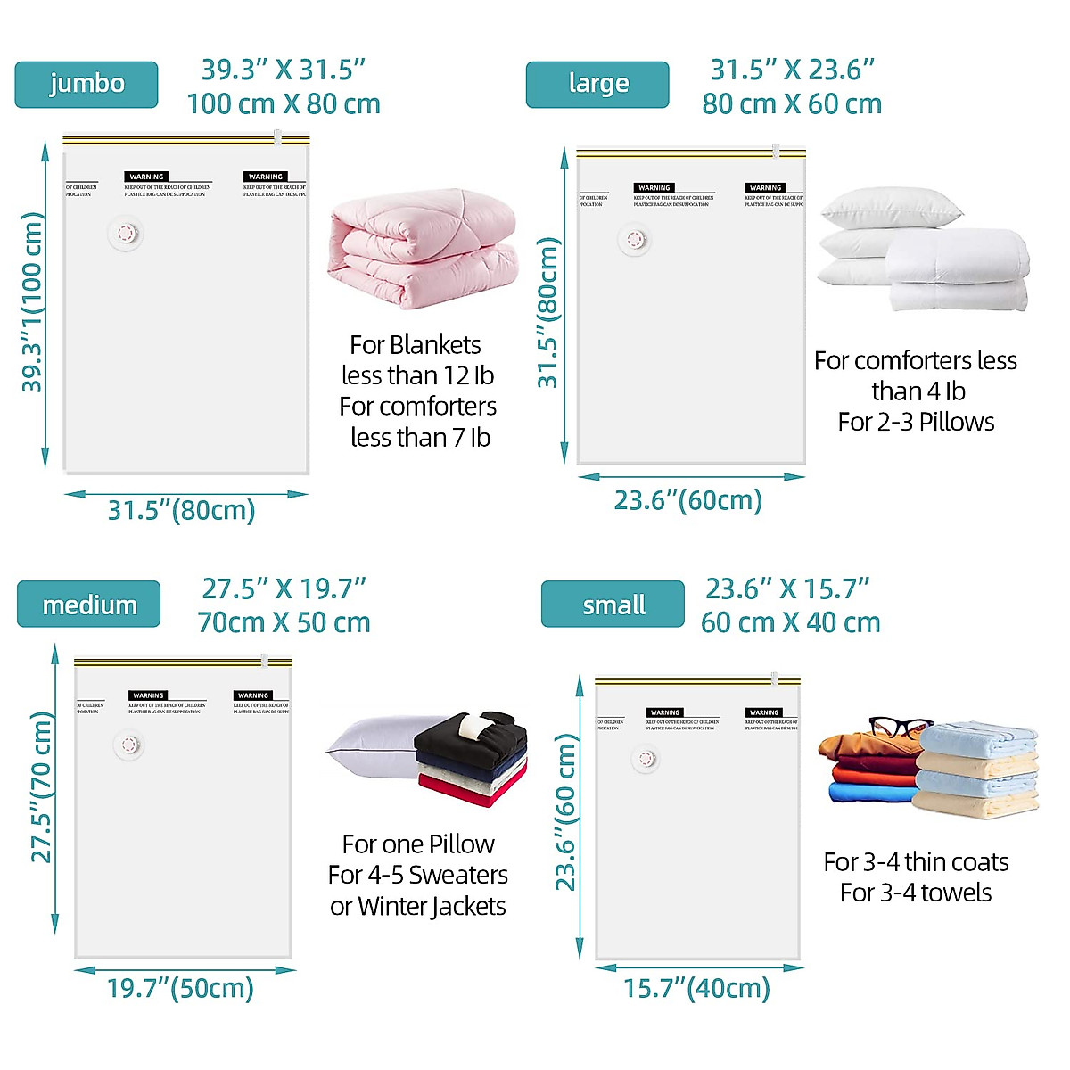 AirBaker Vacuum Storage Bags 12 Pack Space Saver for Clothes Blankets Clothing Traveling Comforters Vacuum Seal Bag with Travel Pump (3XL+3L+3M+3S)