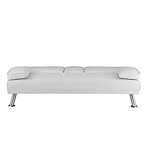 Futon Sofa Bed, Faux Leather Futon Couch with Armrest and 2 Cupholders, Pull Out Sofa Bed Couch Convertible with Metal Legs, Folding, Reclining Small Couch Bed, Futon Bed for Living Room - White