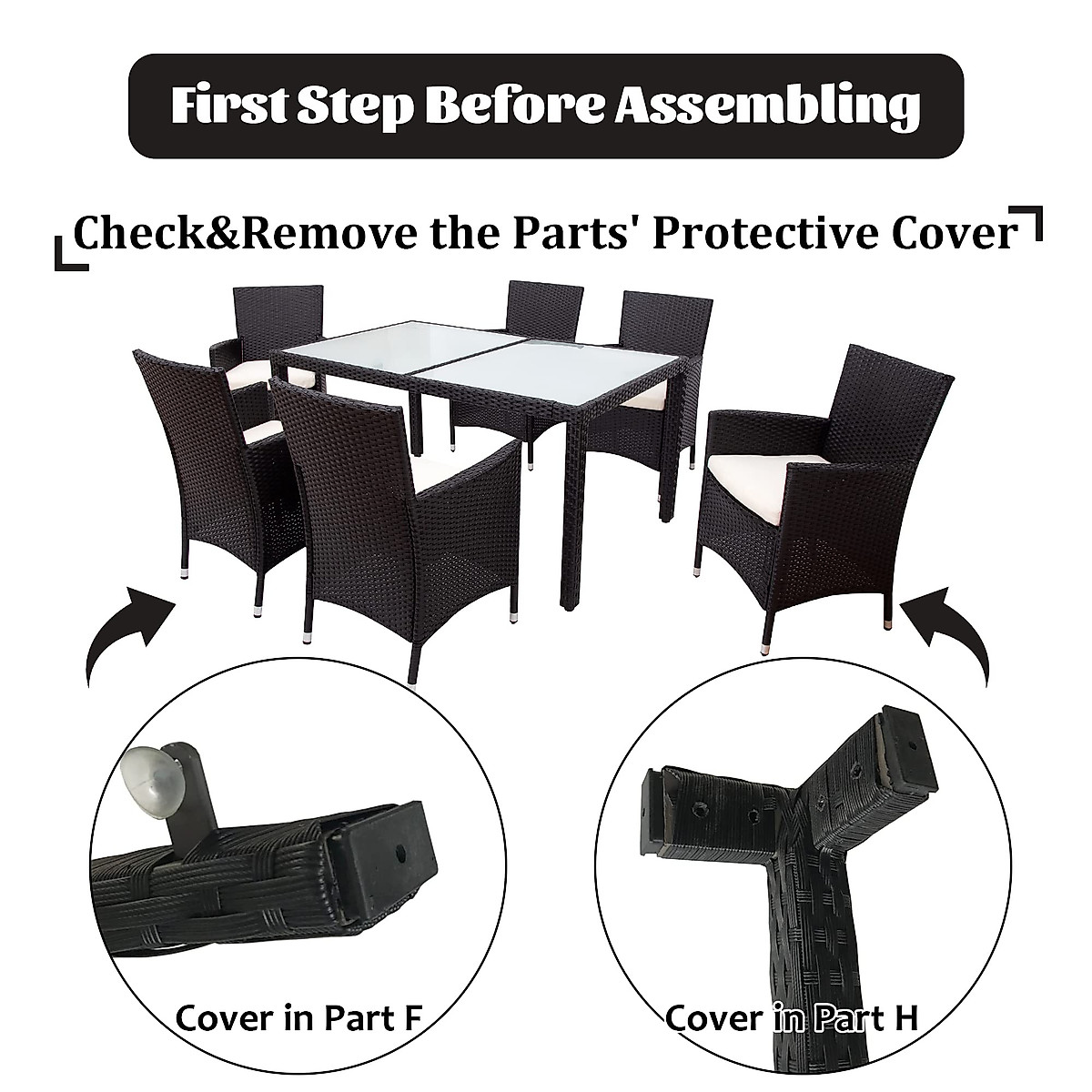 BIADNBZ 7-Pieces Patio Dining Set Outdoor PE Wicker Rattan Furniture with 1 Glass Top Table,6 Armchairs and Cushions, OneSize, Black+White