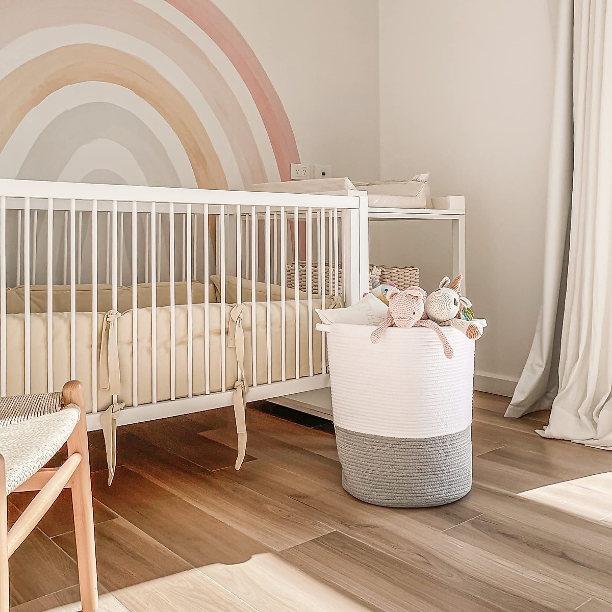 Extra Large Rope Cotton Basket. Woven Laundry Basket for Blankets, Kids or baby. Toy bins for kids organizer. Hampers for bedroom. Nursery Clothes Baskets. Baby laundry basket. Storage bin. (Brown))