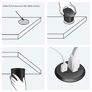 2 inch Desktop Power Grommet with PD 20W USB C,Ultra Thin Flat Plug Power Strip,Recessed Outlet,Slim Outlet Extender for Office,Table Outlets for Home, Office,6 ft Cable(Black)