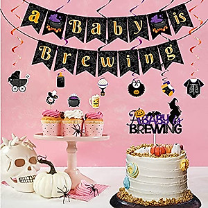 Halloween Baby Shower Party Decorations a Baby is Brewing Banner Baby Gender Reveal Decorations Halloween Hanging Swirls Baby Shower Cake Cupcake Toppers for Indoor Outdoor Halloween Party Favors