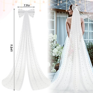 Dingion 9.84 ft 1 Tier Wedding Bow Knot Veil Long Pearl Veils White Tulle Hair Clip Bride Hair Accessories for Bridal Shower Bachelorette Party Decorations