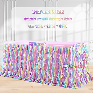 gogoparti Pastel Rainbow Tablecloth for 6 ft Rectangle Table Pastel Rainbow Ruffle Tulle Table Skirt for Unicorn Theme Birthday Party Decoration