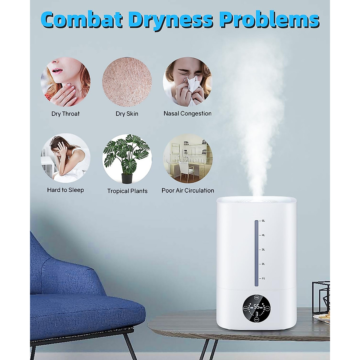 5L Humidifiers for Bedroom, 50H Runtime Humidifier for Large Room, Ultra-Quiet 28dB Cool Mist Air Humidifier for Home Baby Nursery & Plants, Auto Shut-off and BPA-Free for Safety, Easy to Clean