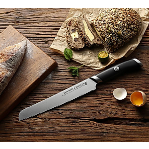 STEWART & BRADLEY 8Inch Serrated Bread Knife. MasterPro Series Full Tang, Razor Sharp, Ultra Fine Highly Tempered German Steel 4028, Forged to 1400 degrees, Precision Diamond Sharpened bread knife