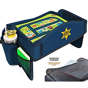 Coolmum Kids Travel Tray, Toddler Car Seat Tray, Double Sided Activity Organizer, Snack Lap Tray, Baby Stroller Tray, Airplane Play Table, Waterproof and Foldable (Premium Blue)