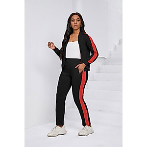 PINSV Womens Tracksuit Two Piece Outfits Long Sleeve Zip Up Jacket Jogger Casual Sweatsuit Matching Sets Track Suits Black Red XL