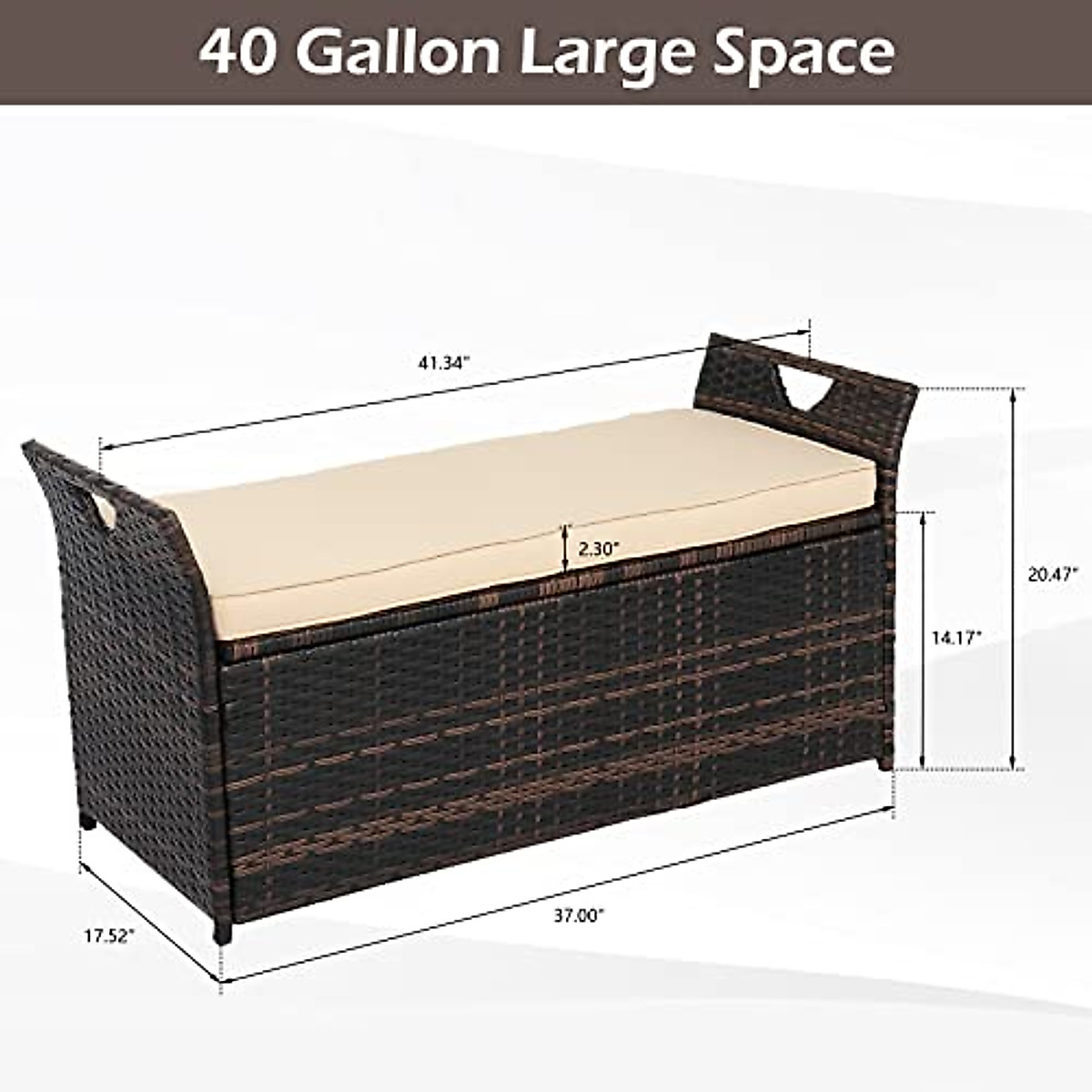 VINGLI 40 Gallon Outdoor Storage Bench with Cushion, Rattan Storage Box, Patio Wicker Deck Box with Seat for Garden | Balcony | Porch | Pool | Yard (Brown Frame + Beige Cushion)