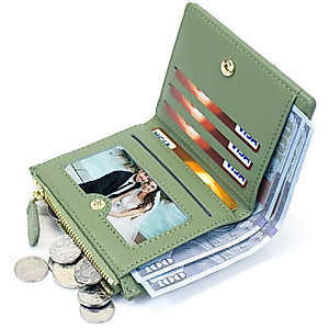 SUMGOGO Womens Wallet Small Coin Purse Rfid Card Holder Quilt Leather Ladies Zipper Front Pocket Short Mini Wallets (Olive Green)