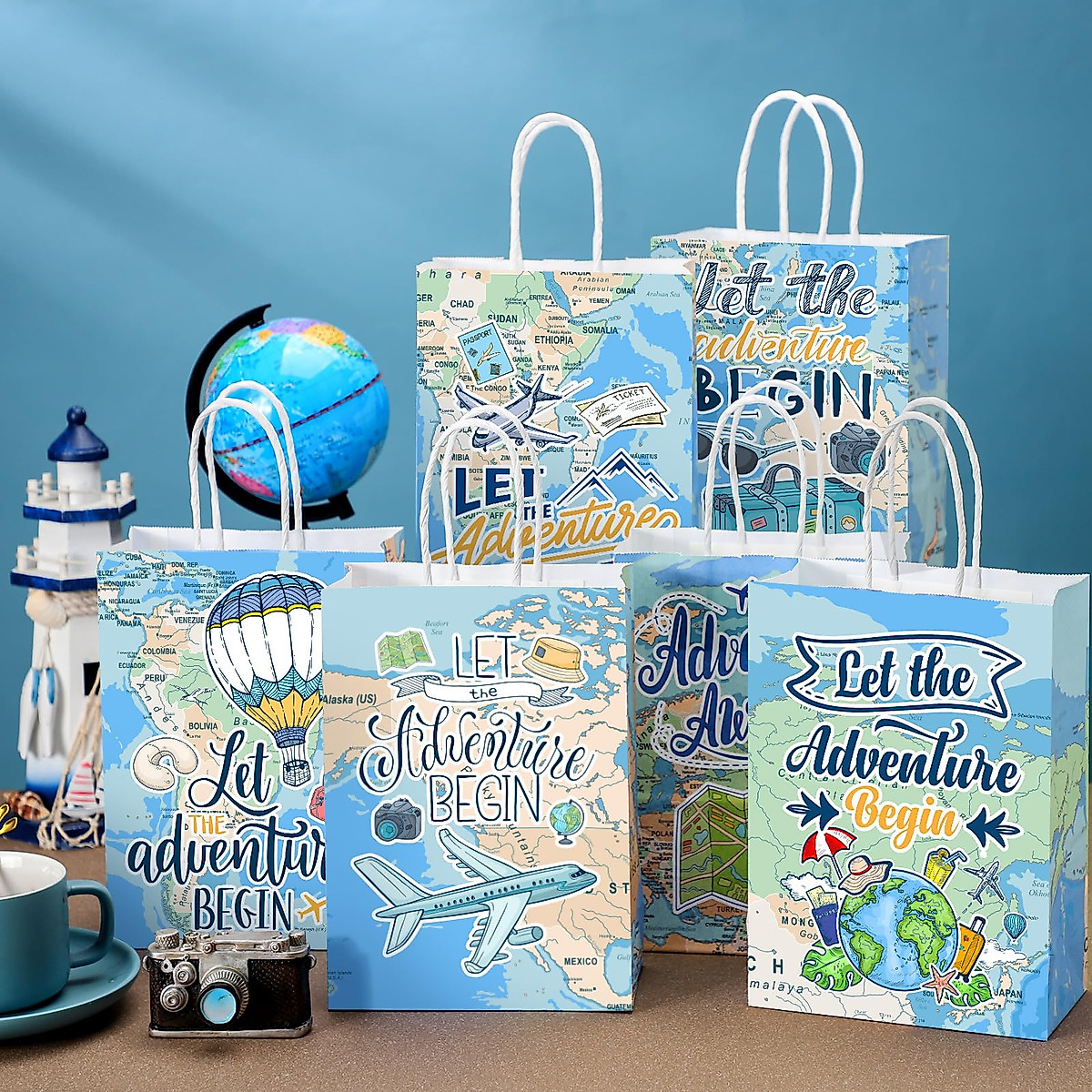 Yeaqee 24 Pcs Adventure Themed Party Favor Bags Adventure Gift Bags Blue World Map Paper Bags with Handle Travel the World Candy Treat Bags Gift Wrapping Bags for Weeding Birthday Party Favor