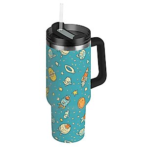 Selerdon 40 oz Tumbler Cartoon Space Blue with Handle and Straw Lid Vacuum Stainless Steel Insulated Water Bottle Travel Mug Car Cup Holder Friendly BPA Free for Gym Travel Office