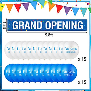 Large Grand Opening Banner 30 Pieces Latex Grand Opening Balloons Grand Opening Decorations 12 Inches Latex Balloons 18 x 118 Inches Retail Store Shop Business Restaurant Banners Flag (Blue, White)