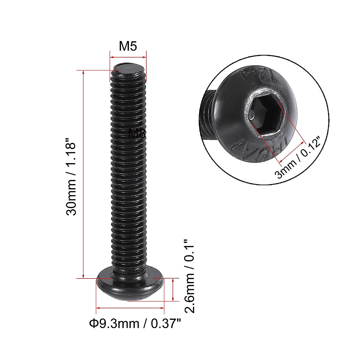 uxcell M5x30mm Hex Socket Button Head Cap Bolts Screws Carbon Steel 100pcs