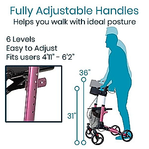 Vive Mobility Rollator Walker - Folding 4 Wheel Medical Rolling Walker with Seat & Bag - Mobility Aid for Adult, Senior, Elderly & Handicap - Aluminum Transport Chair (Pink)