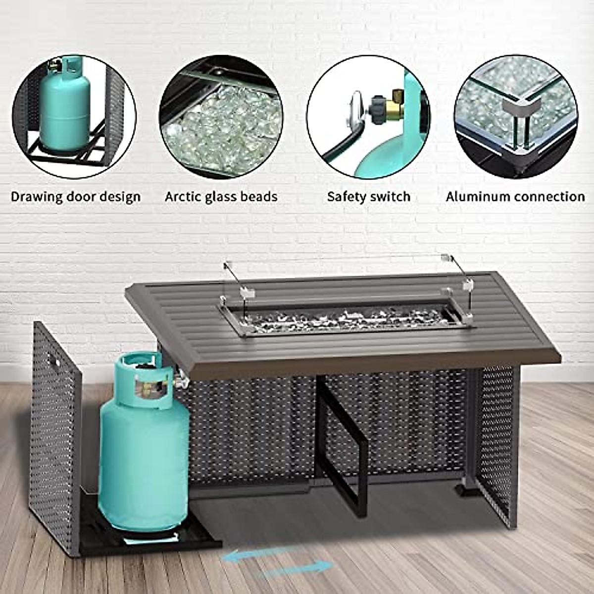 Halmuz 8 Piece Outdoor Patio Furniture Set with Gas Fire Pit Table, Wicker Propane Fire Pit Table Combo Sofa with Windshield and Coffee Table (Brown)