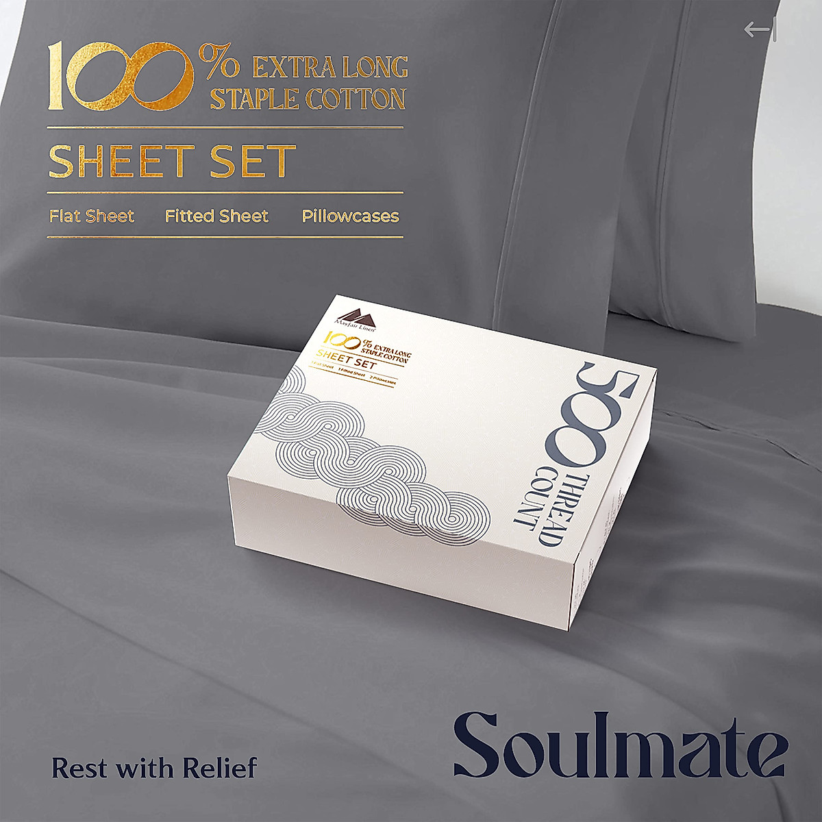 Mayfair Linen 100% Cotton Bed Sheets Queen Sheet Set - 500 Thread Count Sheets Queen Size 4 PC Set (Dark Grey), Soft, Cooling, Hotel-Quality 16" Deep Pocket Sateen Cotton Bedsheet for Hot Sleepers